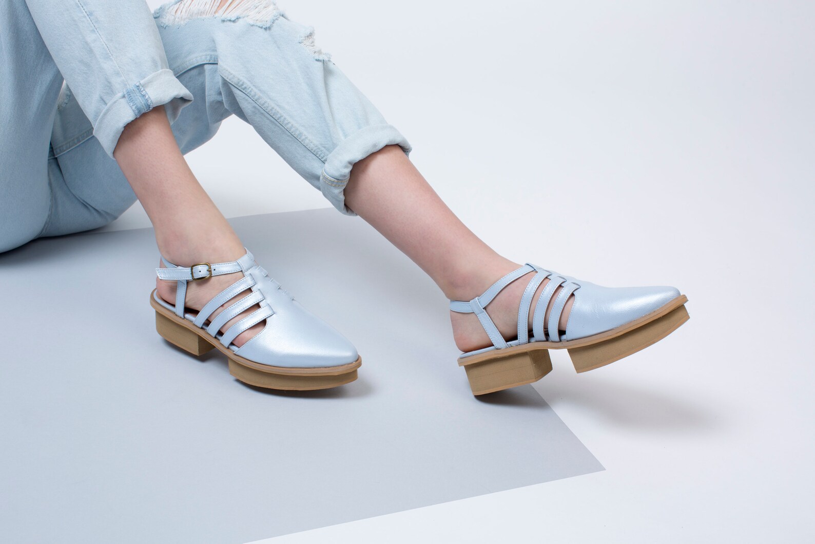 Light Blue Leather Sandals with Platform Heels For Women | Etsy