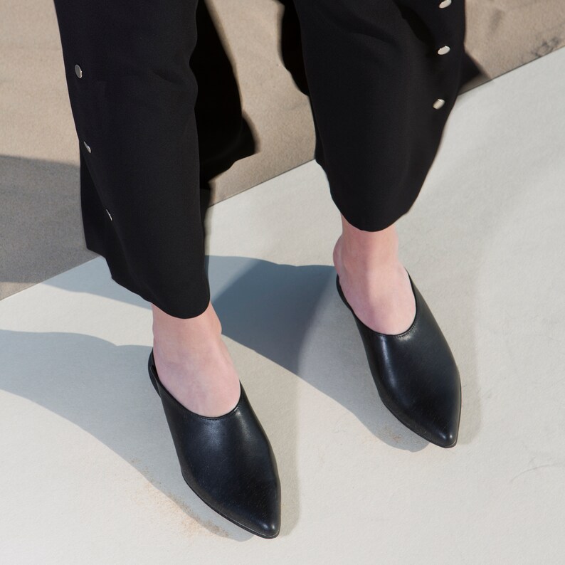 Pointed Toe Mules Black Leather Mules Shoes Stylish Heeled | Etsy