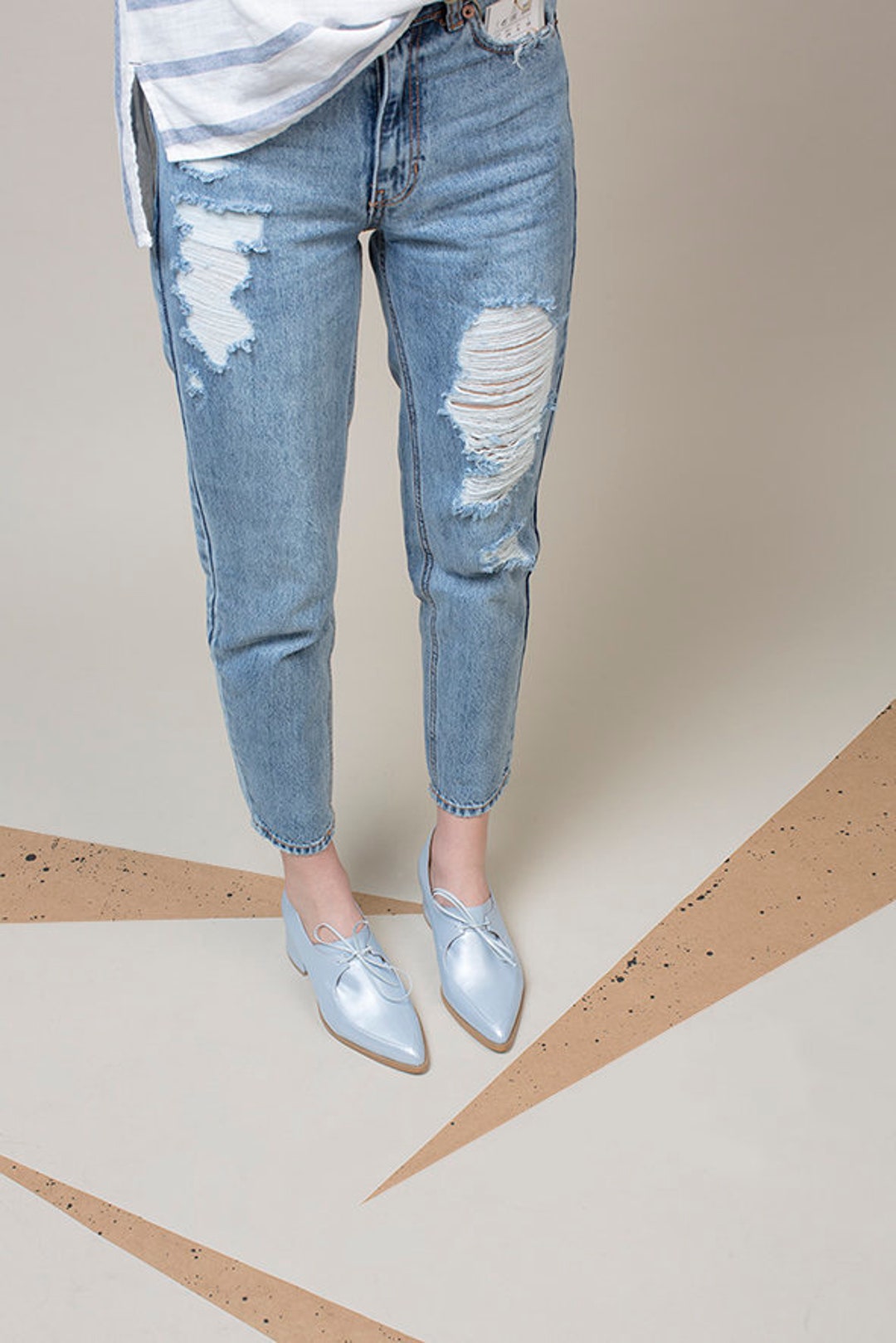 Sky Blue Leather Oxford Shoes, Trendy Handmade Shoes, Block Heel Shoes ...