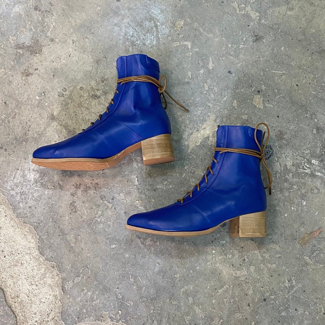 Womens Blue Leather Lace up Ankle Boots, Comfortable Stylish Pointy ...
