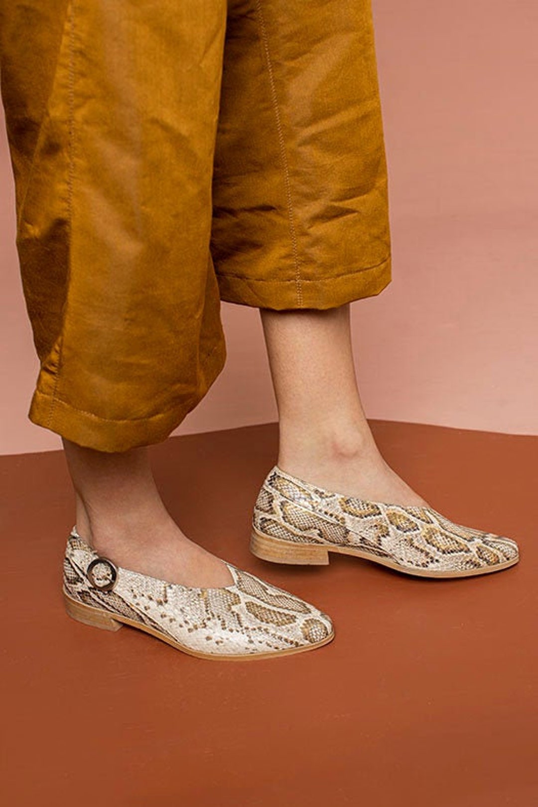 Golden Beige Snakeskin Leather Shoes, V-cut Flat Pointy Shoes ...