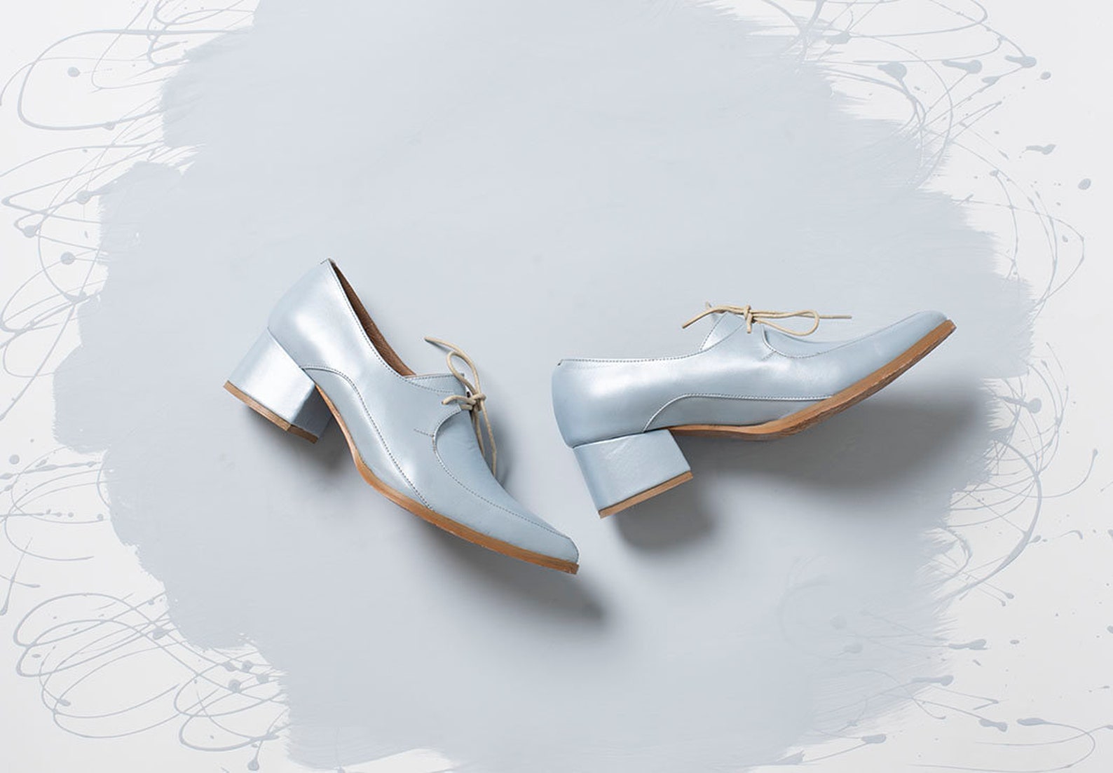 Light Blue Women Leather Shoes, Block Heel Shoes, Comfortable Tie Shoes ...