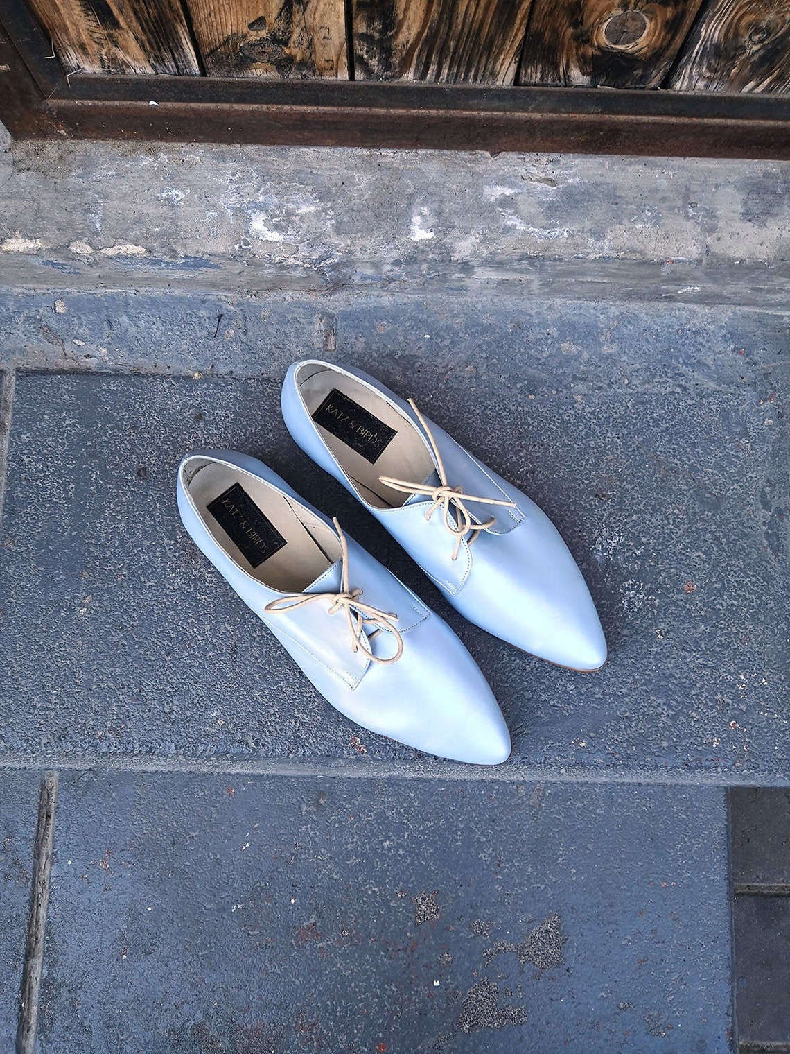 Women's Oxford Shoes, Light Blue Leather Shoes, Shiny Pointy Oxford ...