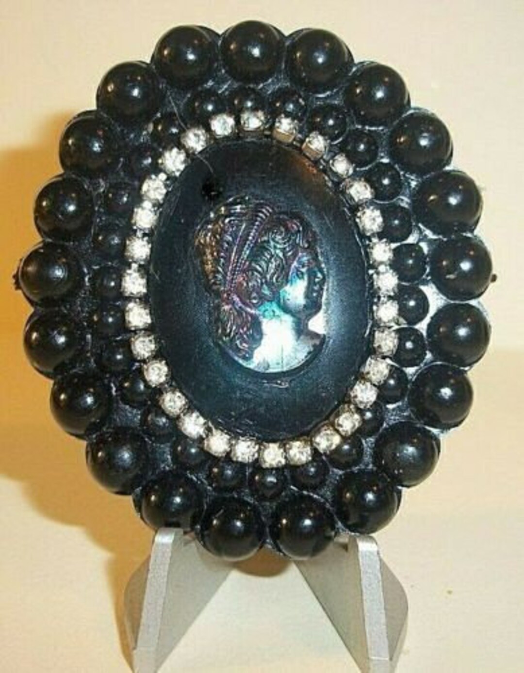 Vintage Black Cameo and Rhinestone Brooch - Etsy