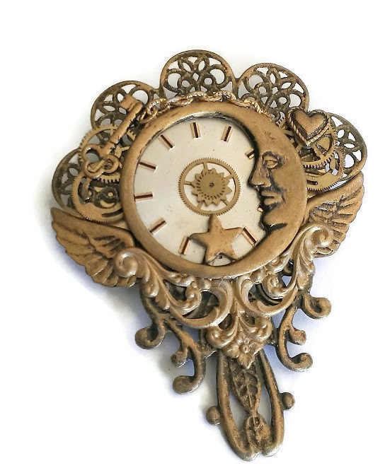 Moon and Watch Part Brooch Watch Part Pin Brooch Watch Face - Etsy