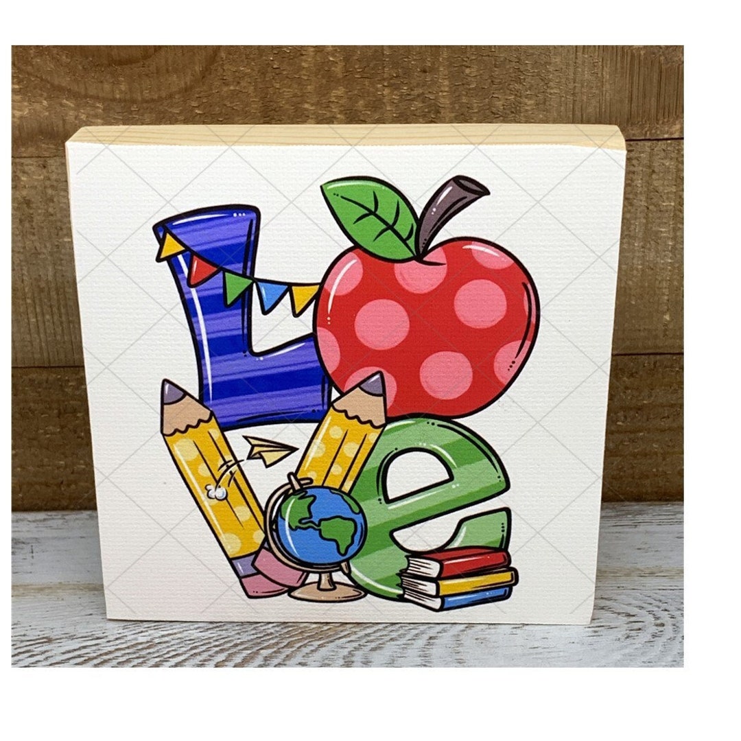 Teacher Gift Love-school Collage Design Block Mini Sign 4x4 Tiered Tray ...