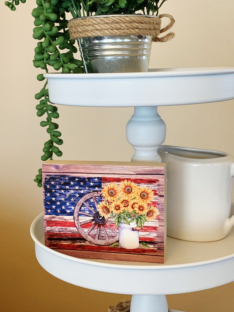 US Flag With Sunflowers and Wagon Wheel Design Wood Block Mini - Etsy