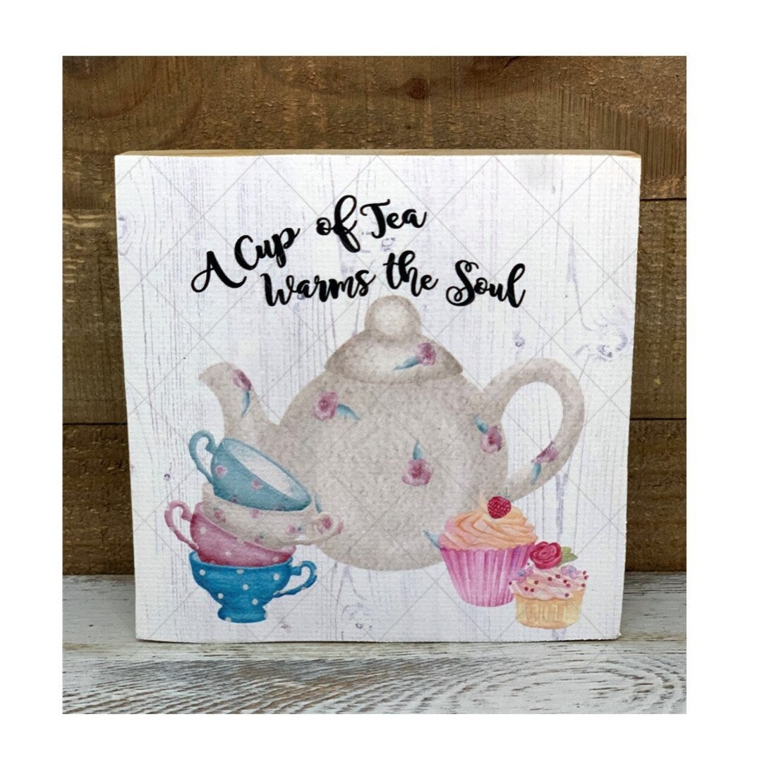 Cup of Tea - Wood Block Mini Sign 4x4-tiered Tray-tea Cups With Tea Pot ...