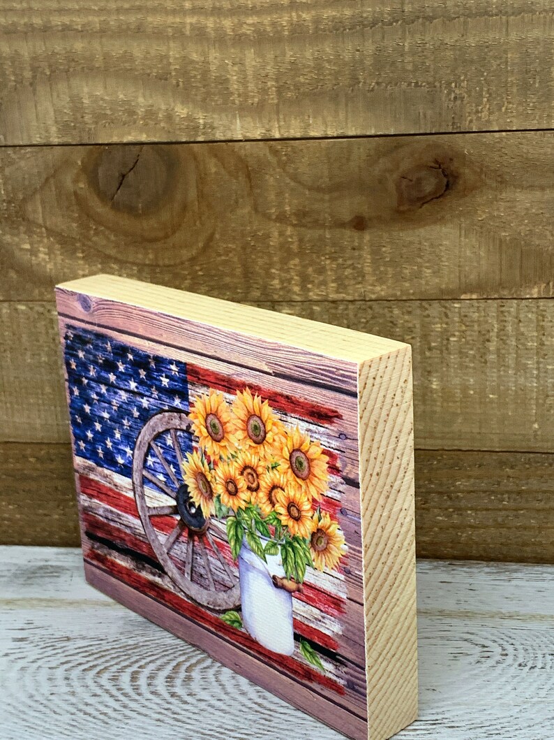 US Flag With Sunflowers and Wagon Wheel Design Wood Block Mini - Etsy