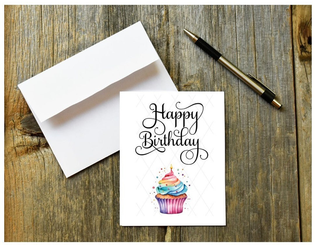 Happy Birthday With Cupcake and Candle-fancy Swirl Wording-greeting Card-a2 Size Note Card-blank ...