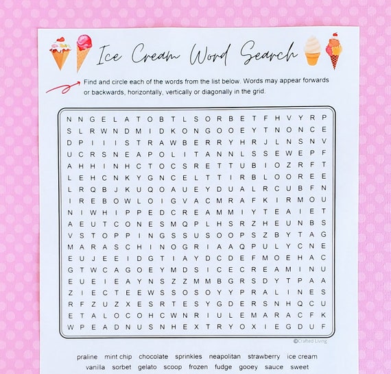 Ice Cream Printable Word Search Snacks Word Puzzle Party | Etsy