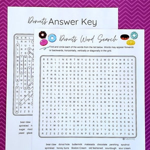 Donuts Printable Word Search | Snacks Word Puzzle Party Game | Brain ...