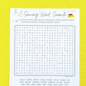 Sewing Printable Word Search | Hobby Word Puzzle Party Game | Brain ...