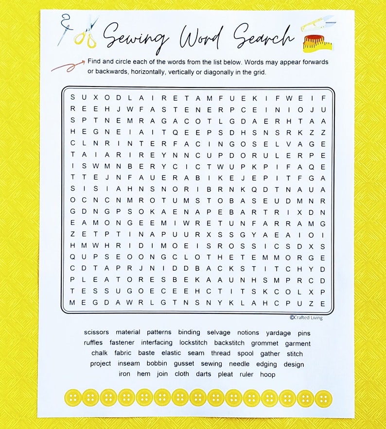 Sewing Printable Word Search | Hobby Word Puzzle Party Game | Brain ...