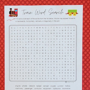 Train Printable Word Search | Transportation Word Puzzle Party Game ...