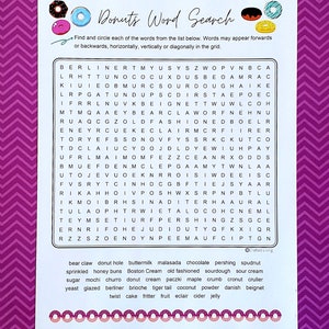 Donuts Printable Word Search | Snacks Word Puzzle Party Game | Brain ...