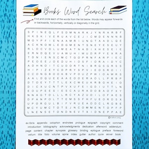 Books Printable Word Search | Book Word Puzzle Party Game | Brain ...