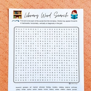 Library Printable Word Search | Book Word Puzzle Party Game | Brain ...