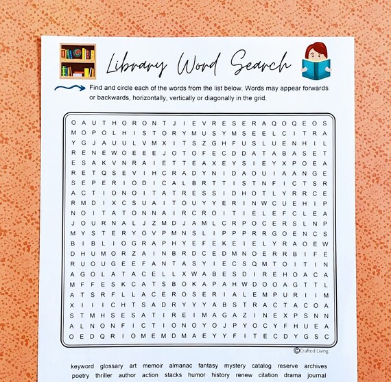 Library Printable Word Search Book Word Puzzle Party Game | Etsy