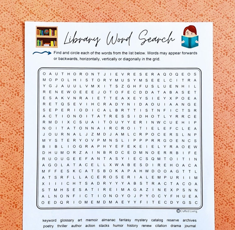 Library Printable Word Search | Book Word Puzzle Party Game | Brain ...