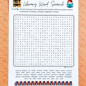 Library Printable Word Search | Book Word Puzzle Party Game | Brain ...
