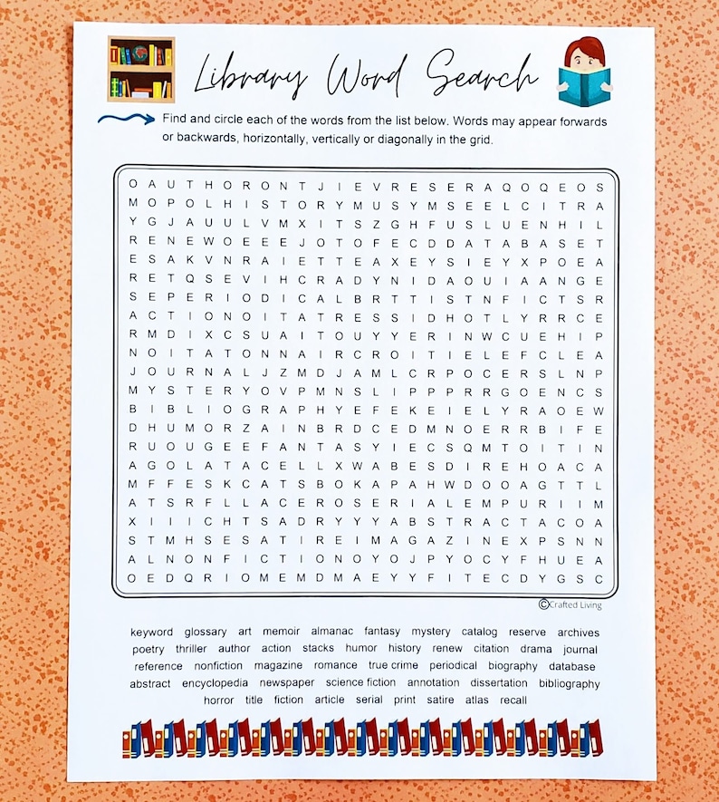 Library Printable Word Search Book Word Puzzle Party Game Brain Teaser ...