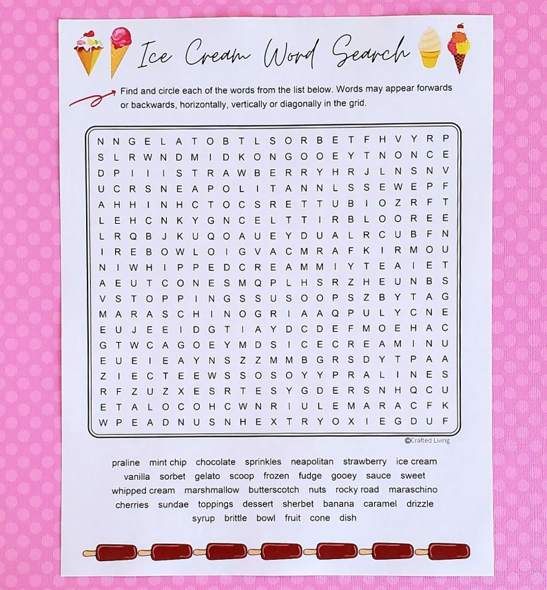 Ice Cream Printable Word Search | Snacks Word Puzzle Party Game | Brain ...