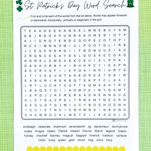 St Patrick's Day Printable Word Search | Holiday Word Puzzle Party Game ...