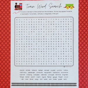 Train Printable Word Search | Transportation Word Puzzle Party Game ...
