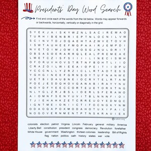 Presidents' Day Printable Word Search | Holiday Word Puzzle Party Game ...