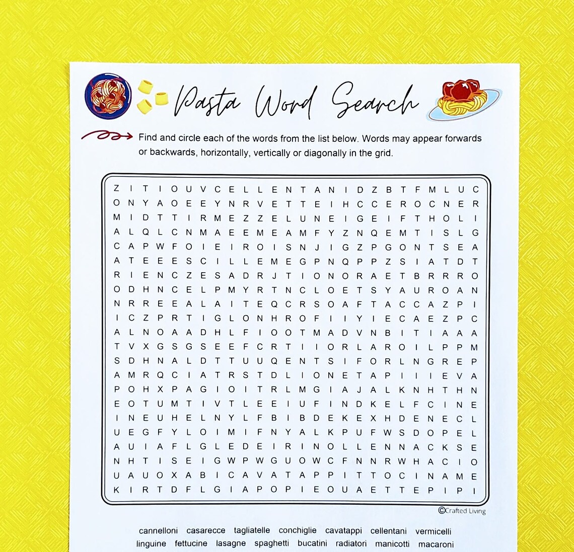 Pasta Printable Word Search | Food Word Puzzle Party Game | Brain ...