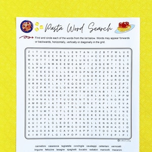 Pasta Printable Word Search | Food Word Puzzle Party Game | Brain ...