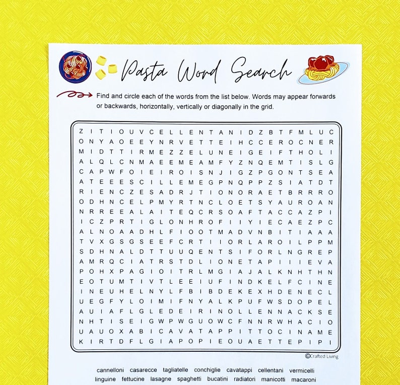 Pasta Printable Word Search | Food Word Puzzle Party Game | Brain ...