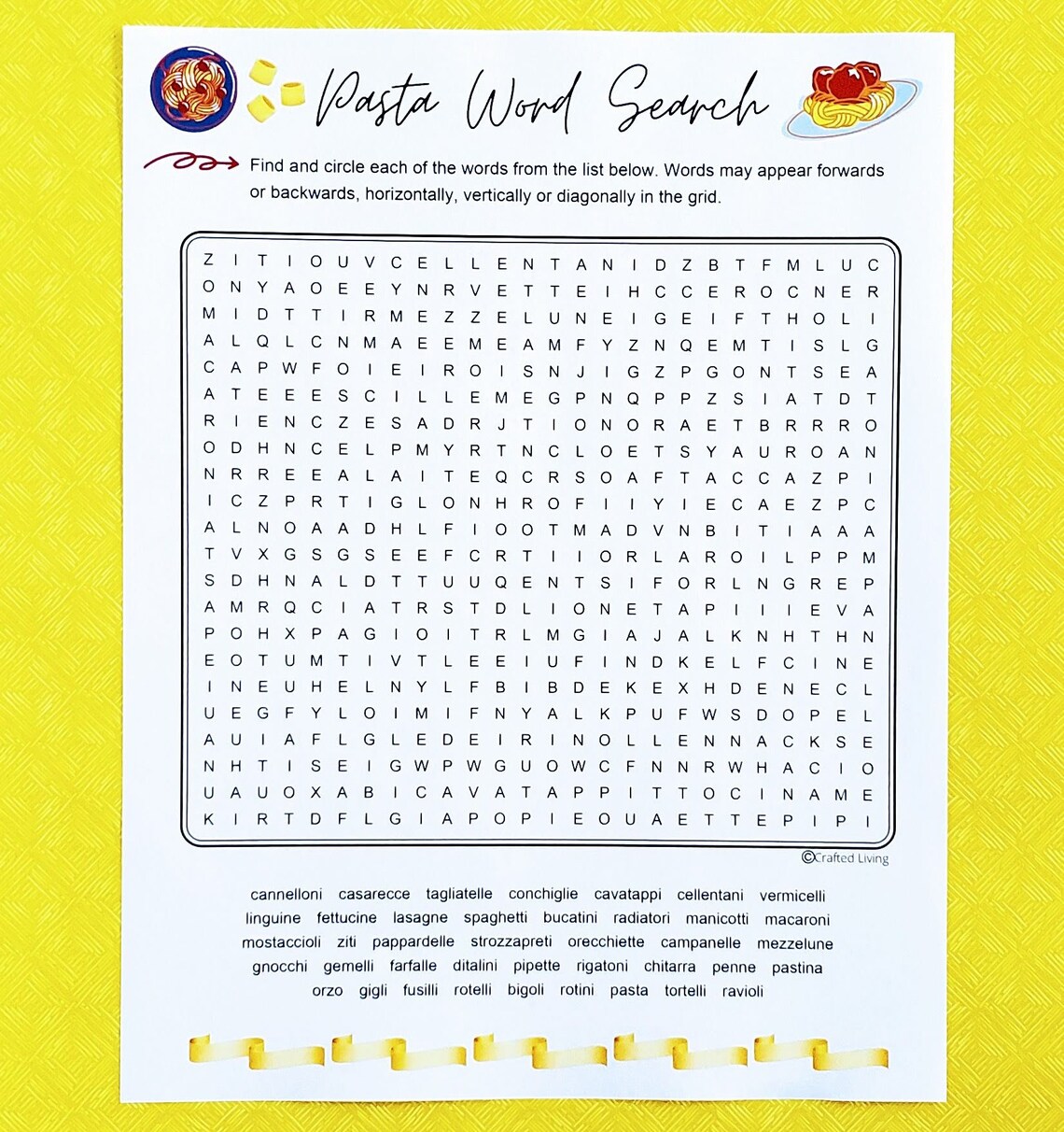 Pasta Printable Word Search Food Word Puzzle Party Game - Etsy