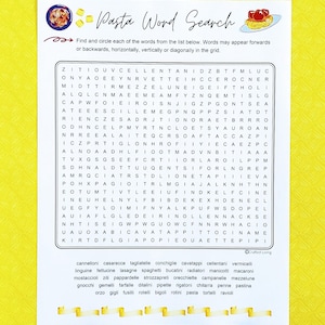Pasta Printable Word Search | Food Word Puzzle Party Game | Brain ...