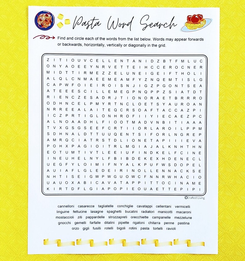 Pasta Printable Word Search | Food Word Puzzle Party Game | Brain ...
