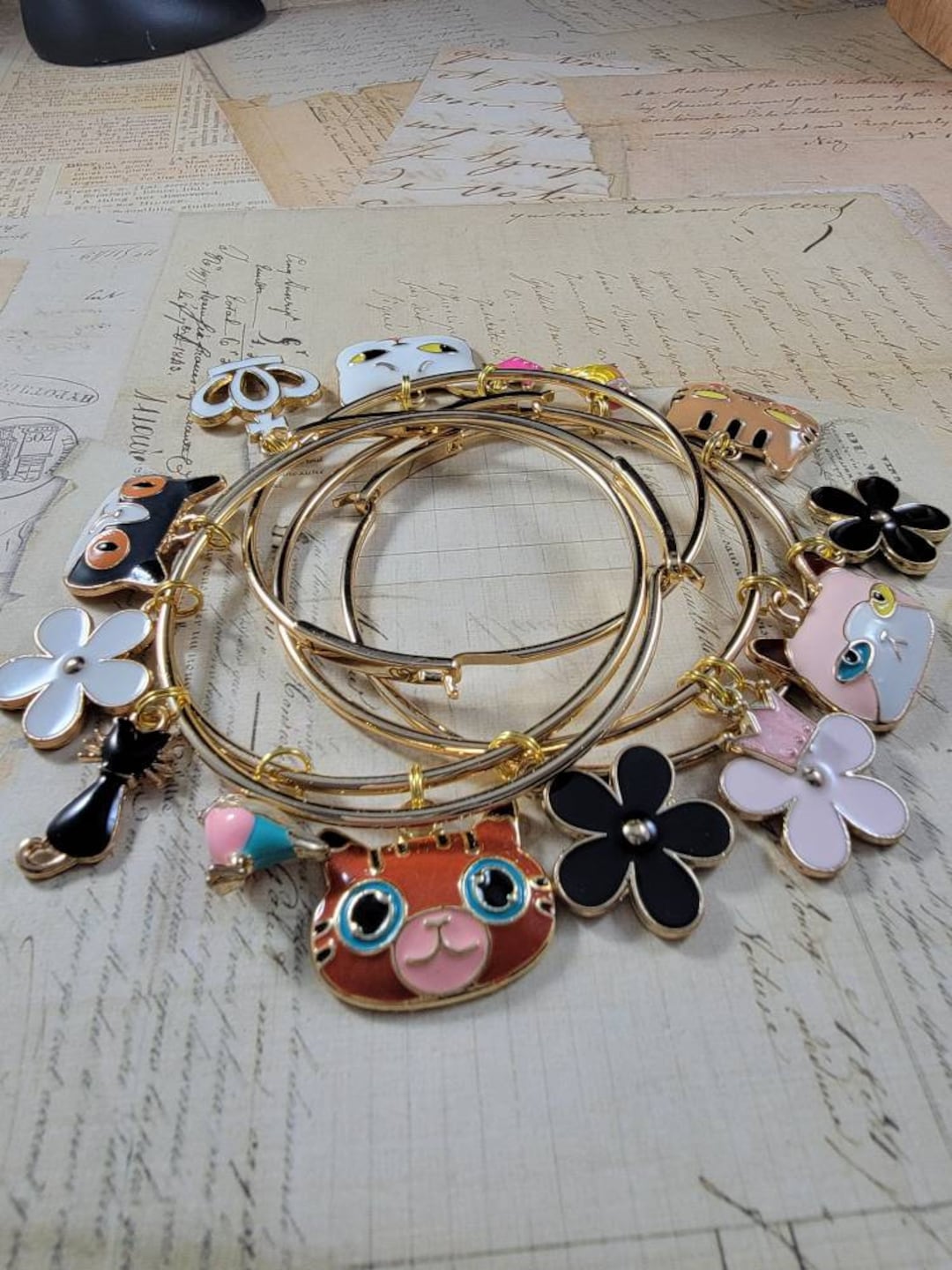 Brass Stackable Bangle Bracelets With Enamaled Cats and Flower Charms ...