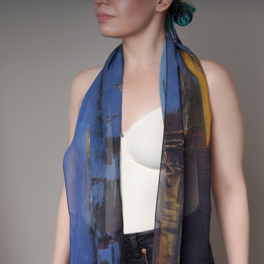 Silk Scarf Women Boat Print Shawl Wrap Grandma Gift Chiffon Blue Scarf ...