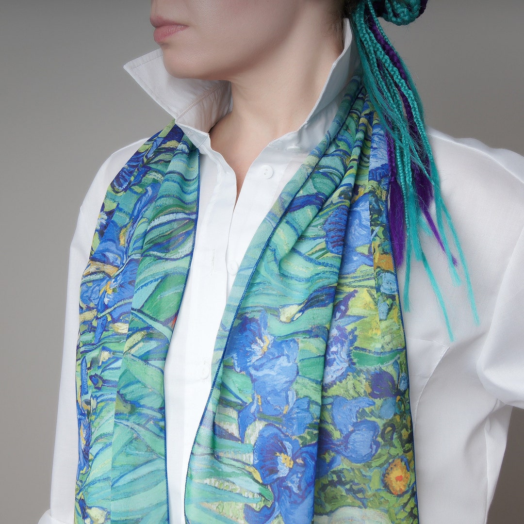 Blue Irises Scarf Van Gogh Shawl Floral Print Chiffon Green Scarf ...