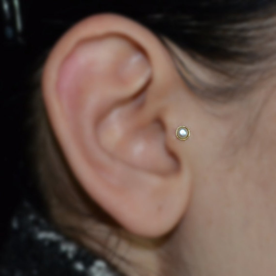 3mm Fresh Water Pearl Tragus Stud - Gold Nose Stud - Cartilage Hoop ...