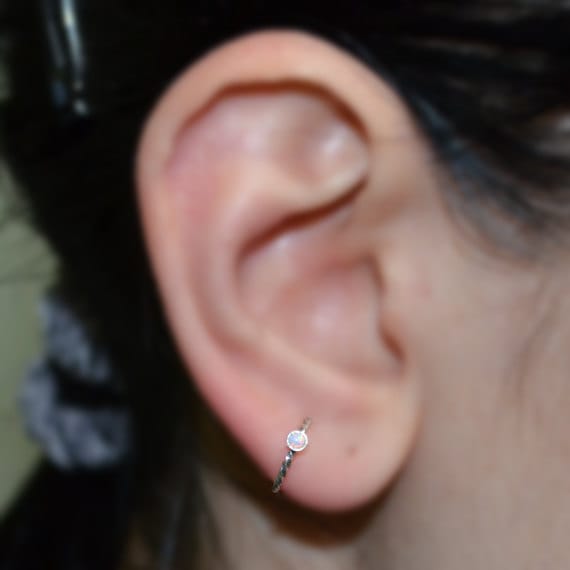 Tragus Earring 18g - Silver Nose Ring - White Opal Tragus Hoop ...