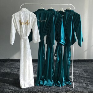 Opulent Lace Bride Robe & Chic Teal Satin Bridesmaid Robes in Ankle ...