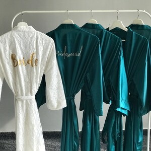 Opulent Lace Bride Robe & Chic Teal Satin Bridesmaid Robes in Ankle ...