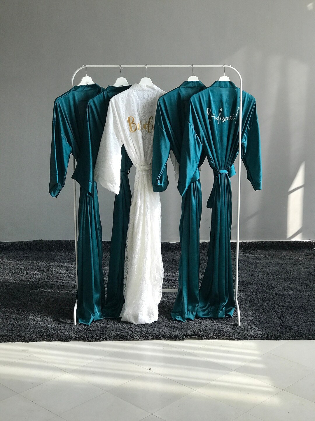 Opulent Lace Bride Robe & Chic Teal Satin Bridesmaid Robes in Ankle ...