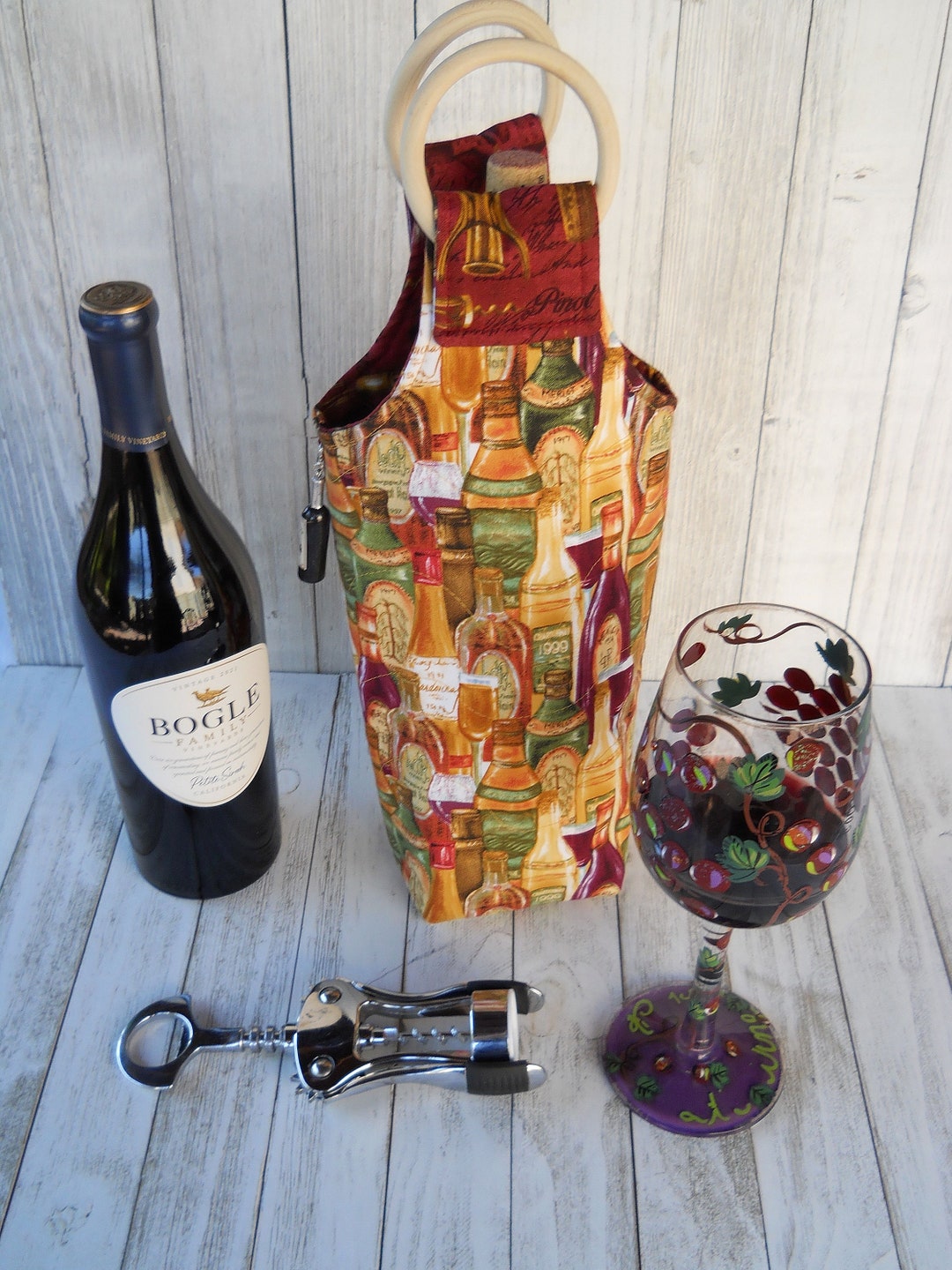 Quilted Wine Tote, Wooden Handles, Wine Bottle Charm Artsy Watercolor ...