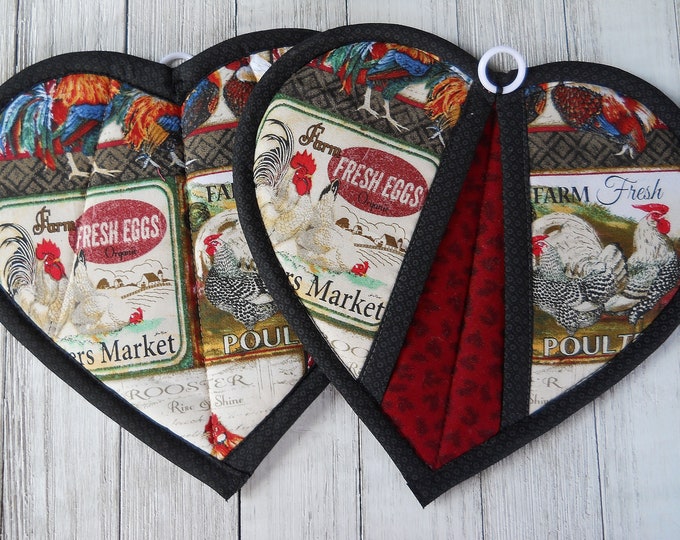 Farmhouse Potholders Trivets, Set of 2: Hens, Chickens, Roosters, Eggs ...