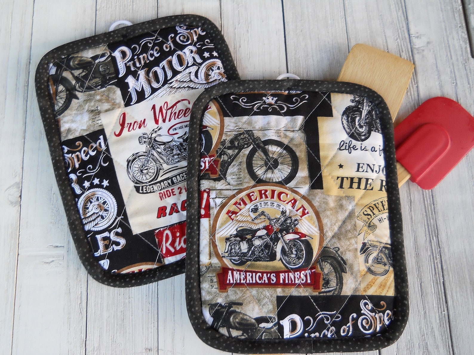 Motorcycle Pot Holders Trivets, Set of 2: Quilted Oven Mitts, Handmade ...