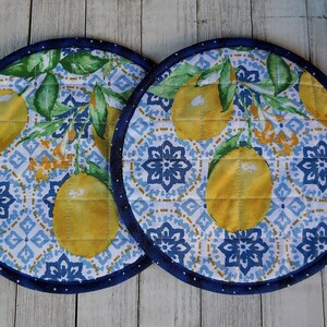 Handmade Quilted Trivets, Set of 2: Lemons on Tile W/ Navy Blue, Extra ...