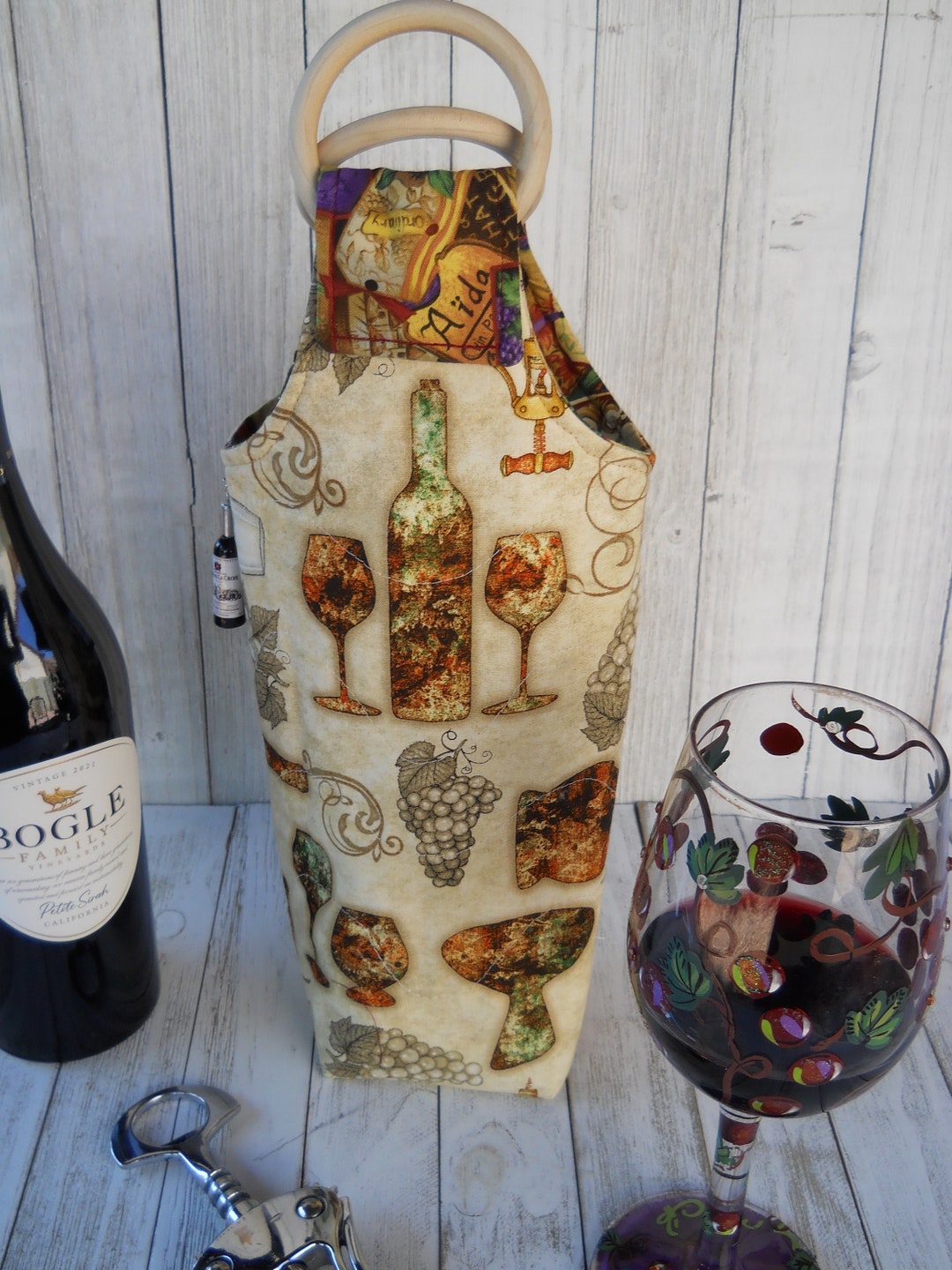 Quilted Wine Tote, Wooden Handles, Wine Bottle Charm Artsy Bottles and ...