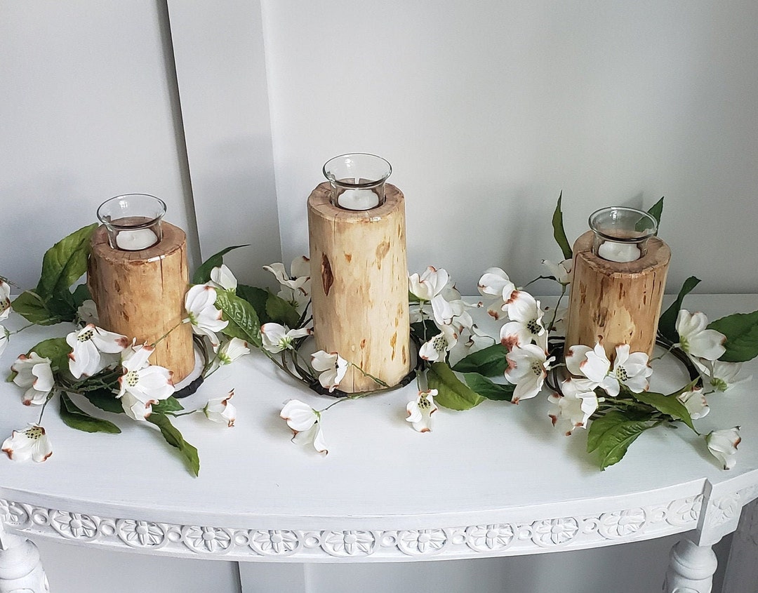 Rustic Log Candle Holder Centerpiece With Dogwood Flowers (set of 3) - Etsy